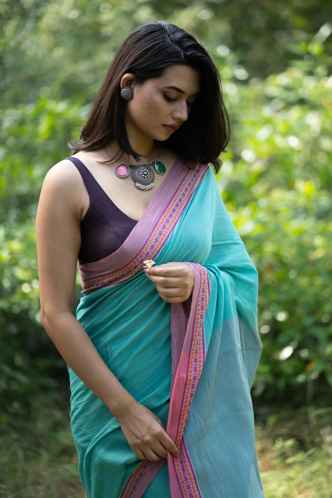 September Buy Rain Turquoise and Pink Saree - I Love Sarees