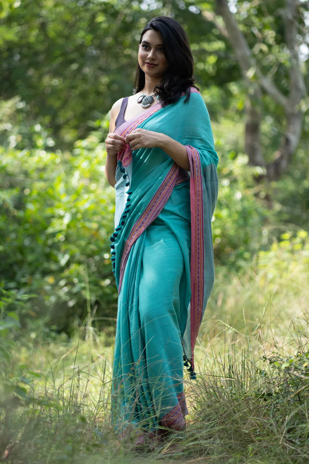 September Buy Rain Turquoise and Pink Saree - I Love Sarees
